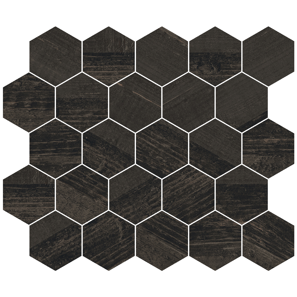 3 1/4" Hexagon Mosaic Vintage Wood : Black | Pera Tile